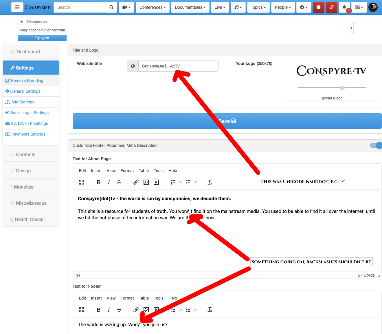 Glitch in many strings (site title, customize plugin, video descriptions, etc…) after restoring ...