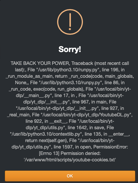 Correct permissions for /var/www/html/scripts/youtube-cookies.txt? · Issue #8425 · WWBN/AVideo ...