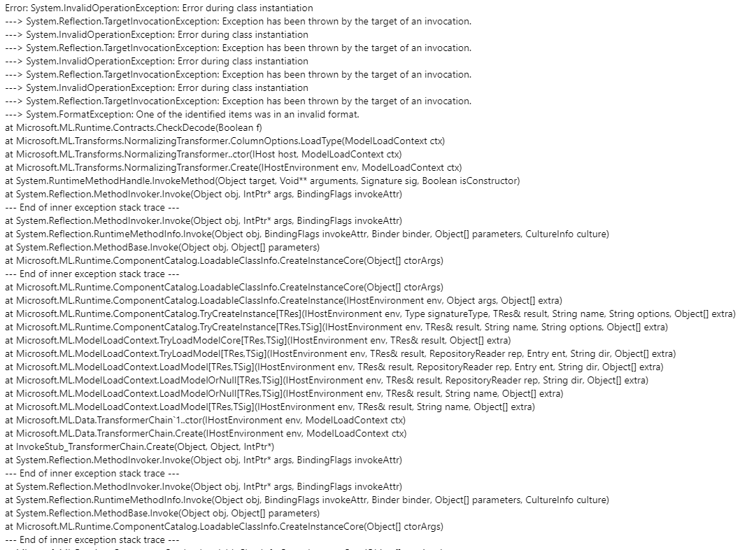 CreatePredictionEngine Fails due to error "One of the identified items was in an invalid format ...