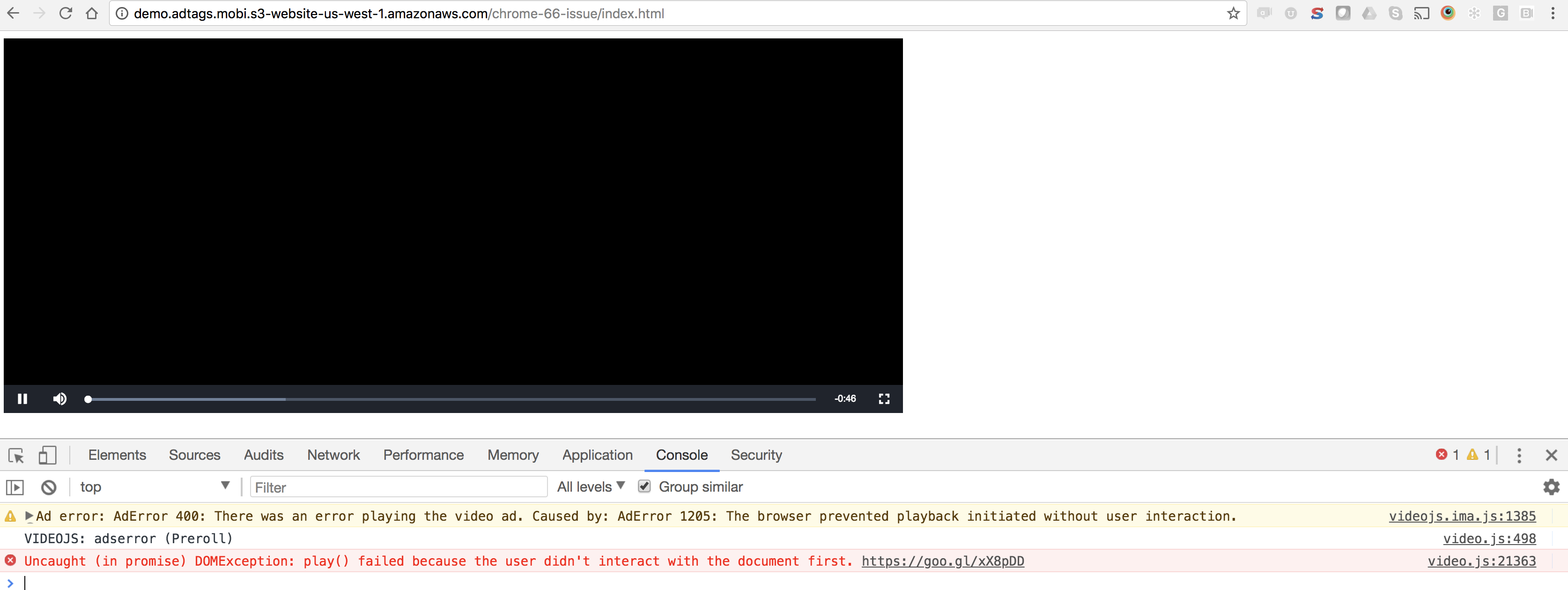Chrome 66 Preroll (user interaction required) onAdsError causing virtual hang · Issue #635 ...