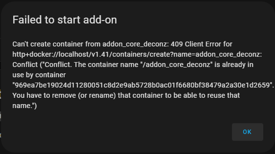 Deconz Addon Fails to Start - 409 Client Error · Issue #2772 · home-assistant/addons · GitHub
