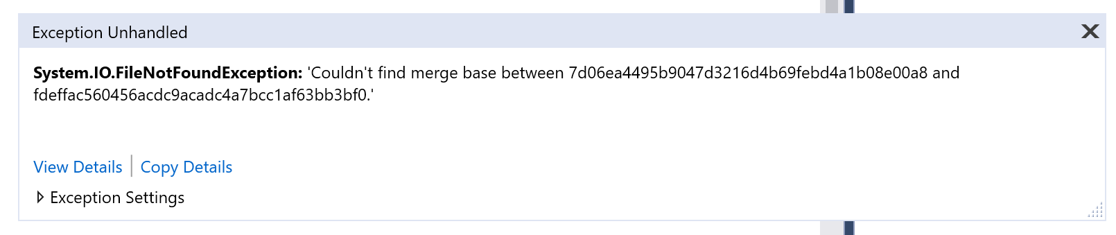 VS exits with `Couldn't find merge base` exception · Issue #1158 · github/VisualStudio · GitHub