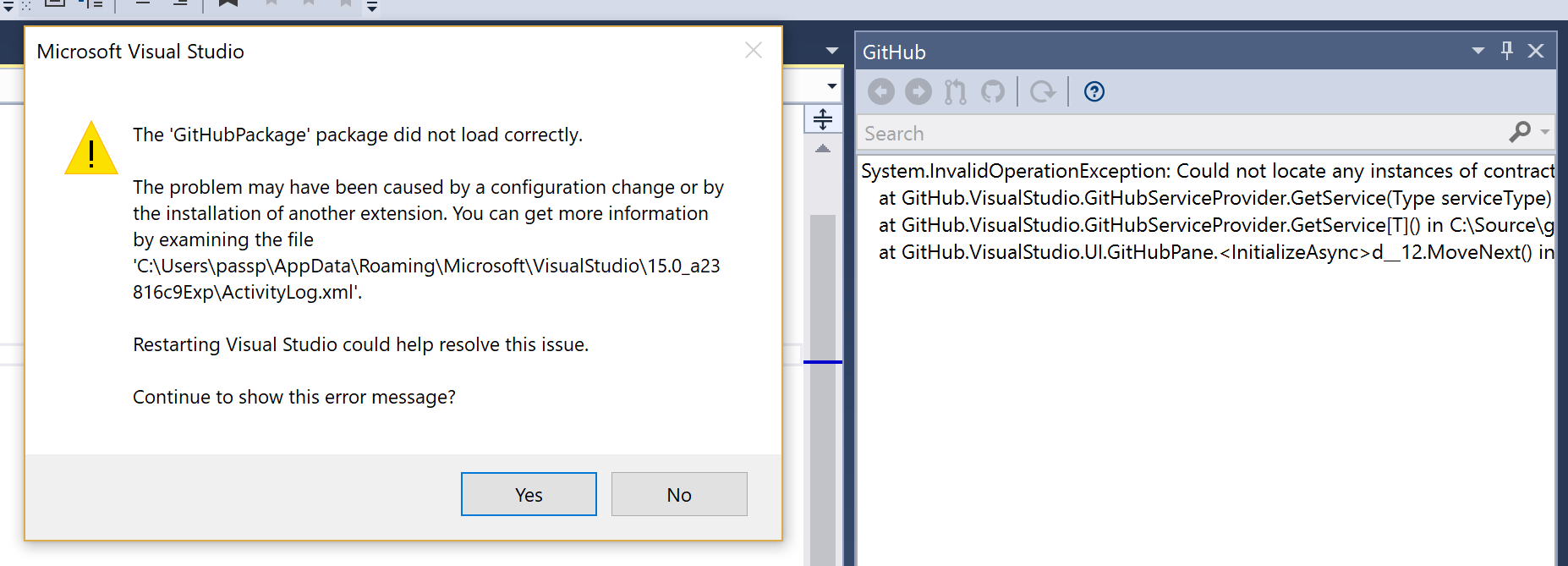 Do something sensible when things go wrong · Issue #1855 · github/VisualStudio · GitHub
