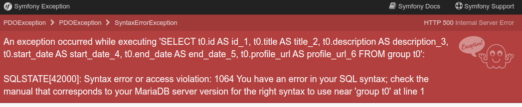 Cannot Name An Entity Group Mysql Error Because `group` Is Not Escaped · Issue 7951 3613