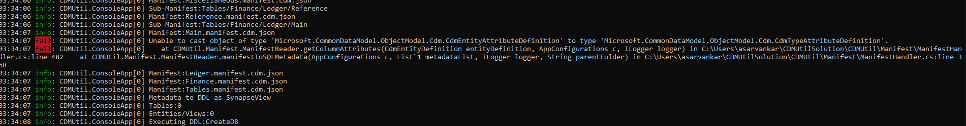 CDMUtil Azure function or consol app fails to create synapse objects: Unable to cast object ...
