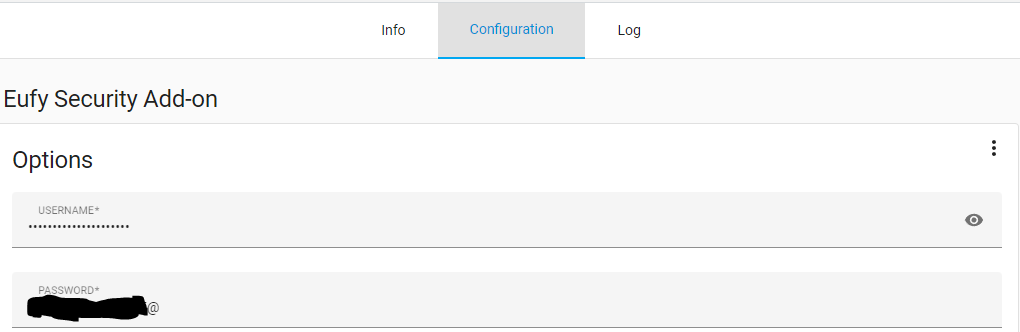 Username obfuscated but password visible in Add On configuration ...
