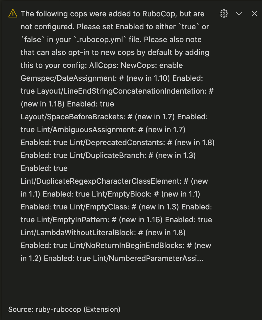 `The following cops were added to RuboCop, but are not configured` message breaks json output ...
