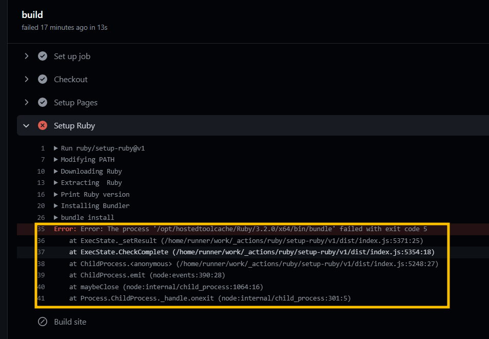 Error: The process '/opt/hostedtoolcache/Ruby/3.2.0/x64/bin/bundle' failed with exit code 5 ...