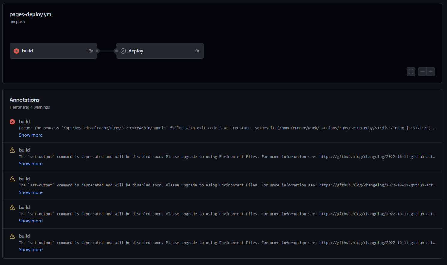 Error: The process '/opt/hostedtoolcache/Ruby/3.2.0/x64/bin/bundle' failed with exit code 5 ...