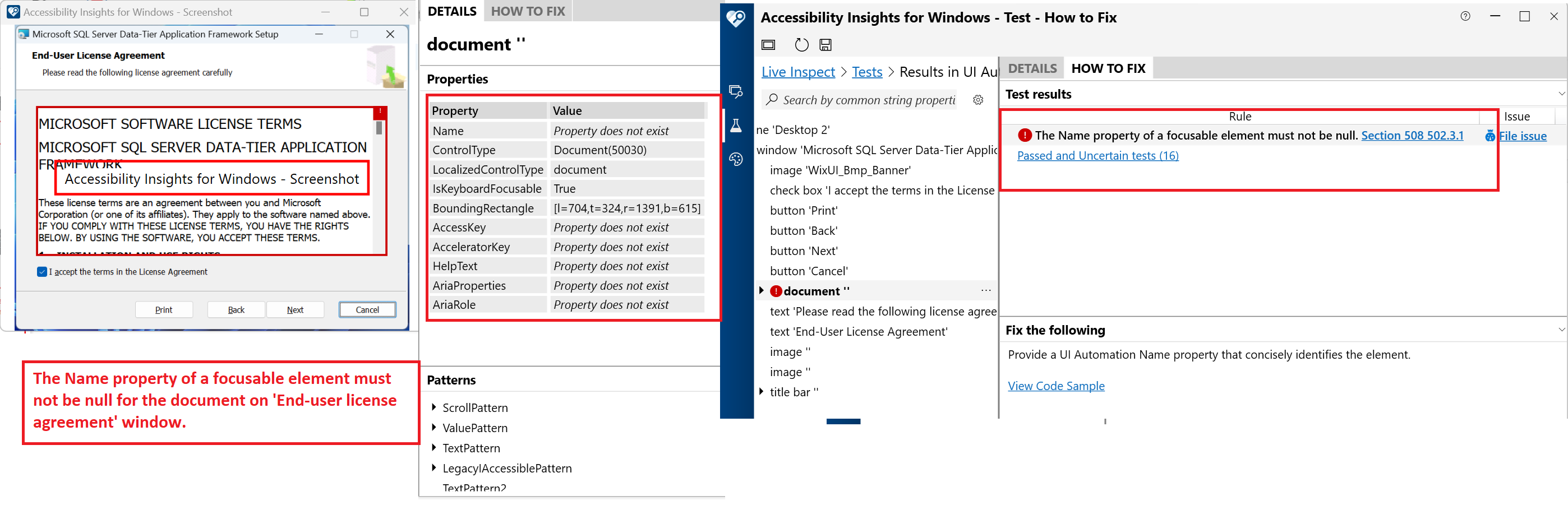 The Name property of a focusable element is null for the document on 'End-user license agreement ...