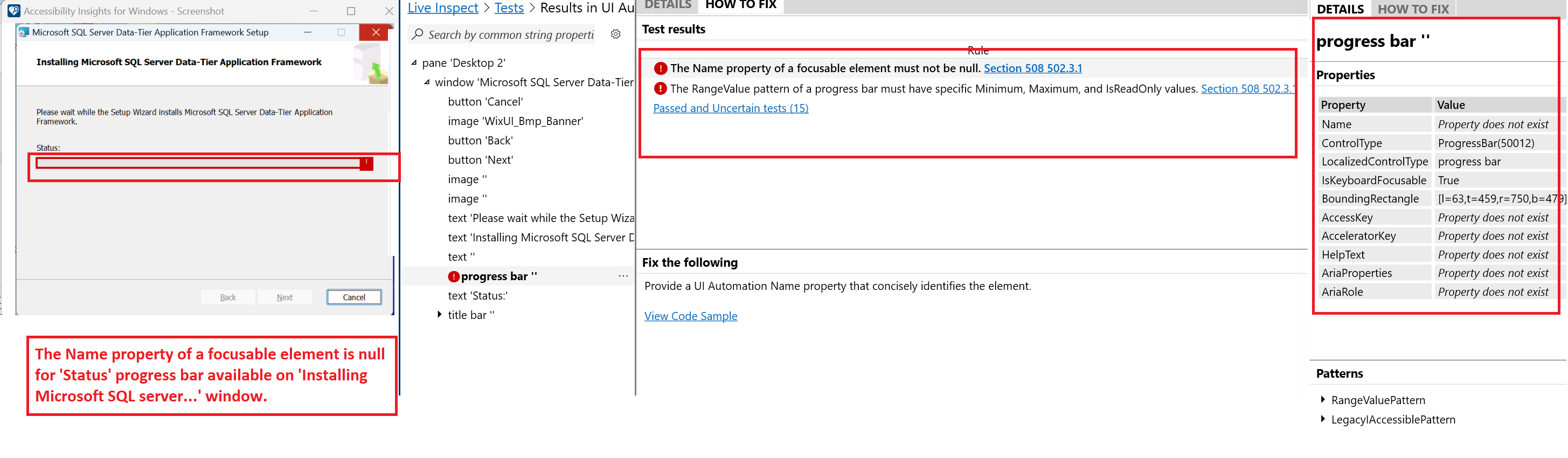 The Name property of a focusable element is null for 'Status' progress bar available on ...
