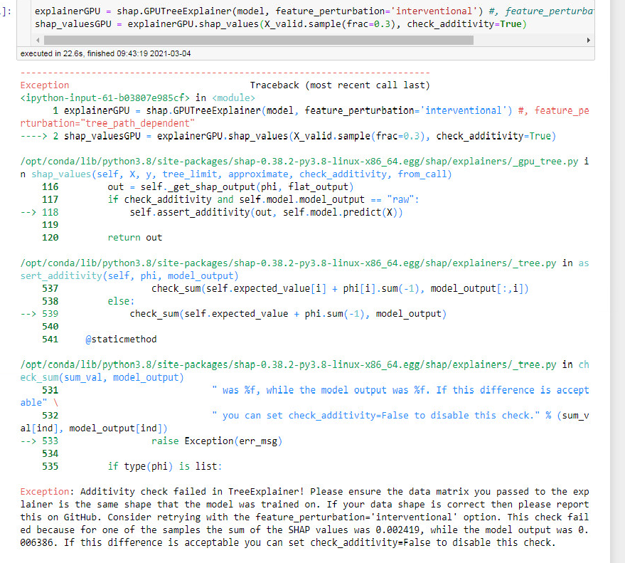Additivity check failed in GPUTreeExplainer but works fine in TreeExplainer with Light GBM ...