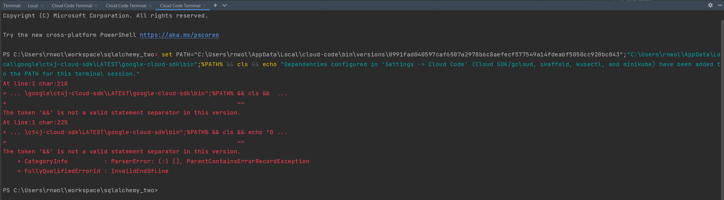 Error when opening Cloud Code Terminal in Win10: The token '&&' is not a valid statement ...