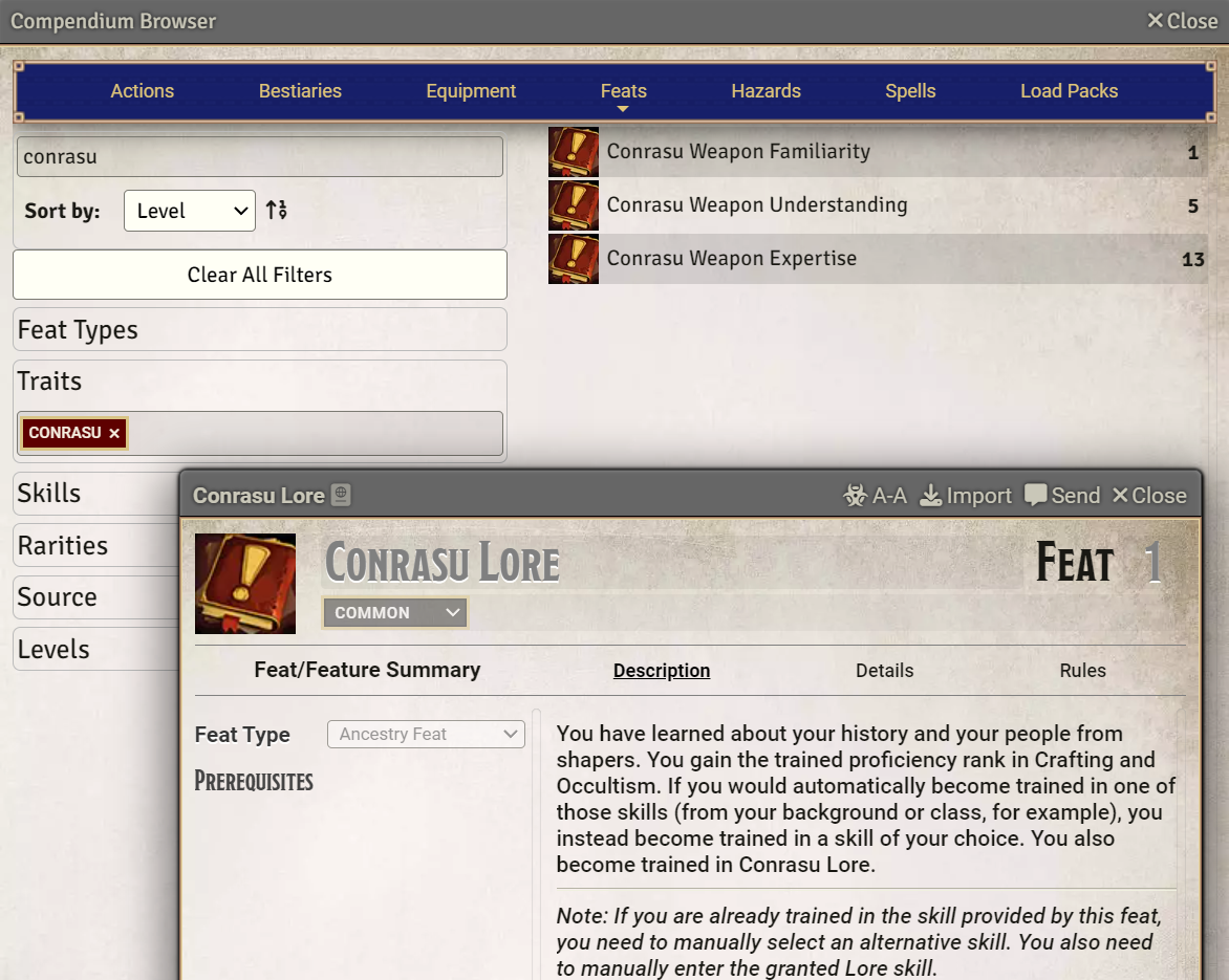 Conrasu Lore is missing the Conrasu Trait · Issue #5627 · foundryvtt/pf2e · GitHub