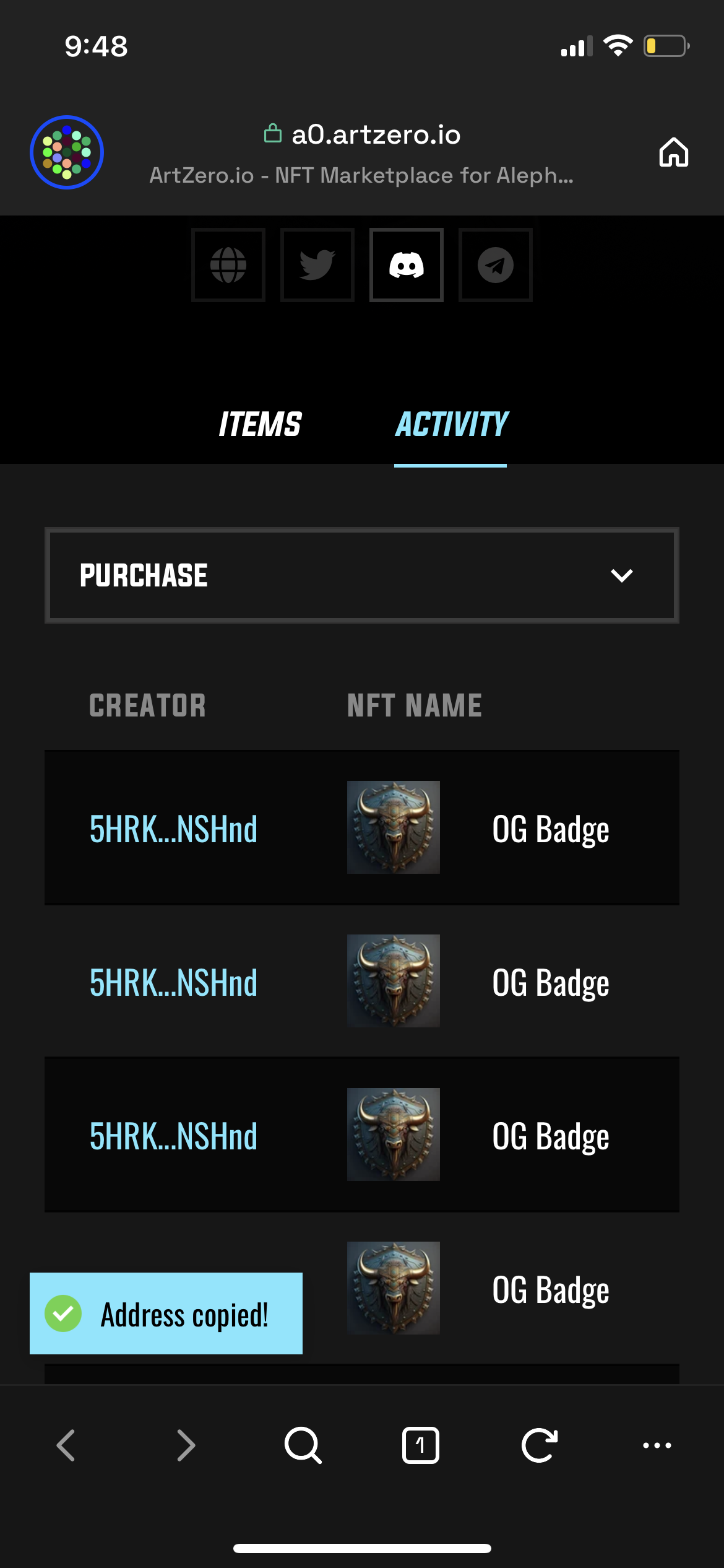 Activity tab address should be clickable to show the profile info instead of copy address ...