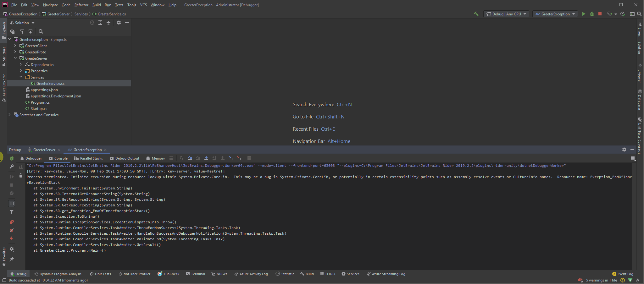 RpcException causes "Infinite recursion during resource lookup within System.Private.CoreLib ...