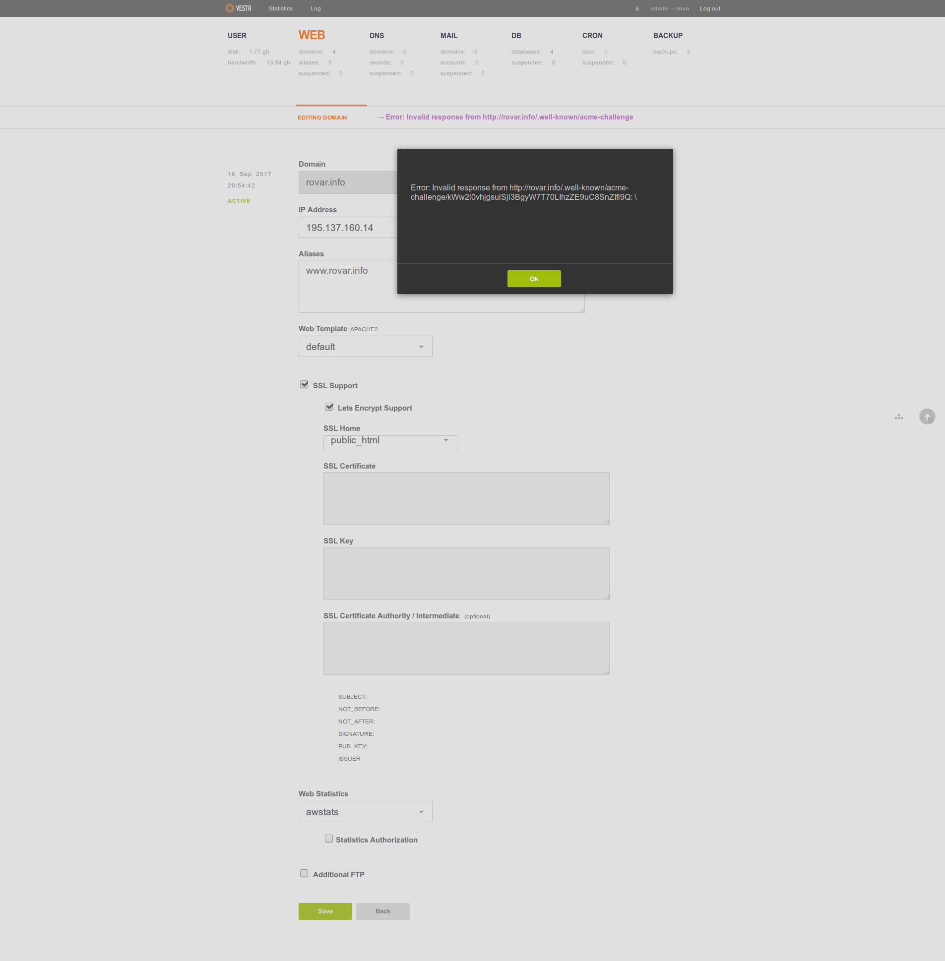LetsEncrypt errors out when attempting to be enabled · Issue #1252 · outroll/vesta · GitHub