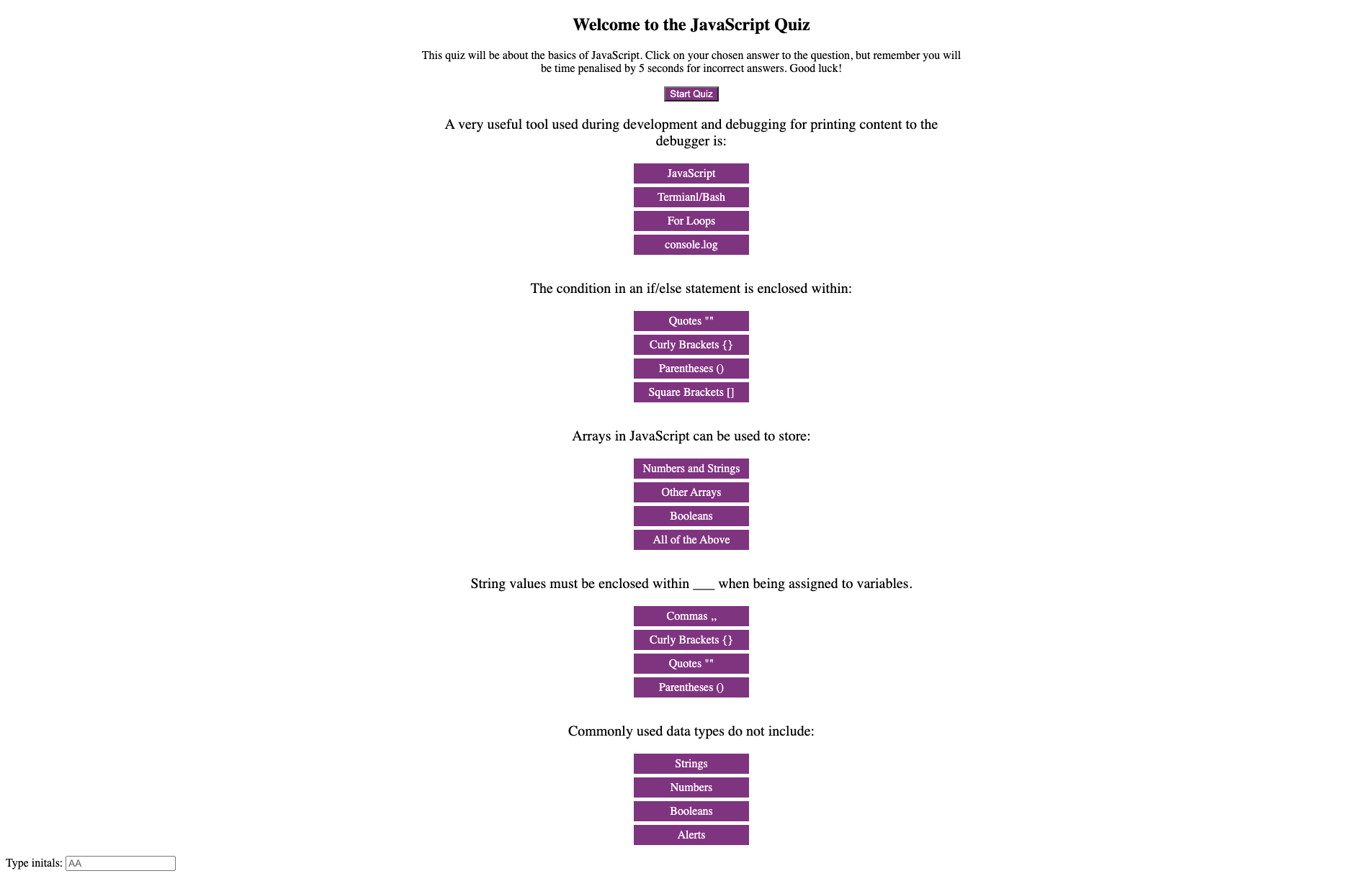 Github Shae Thompsonjavascript Code Quiz