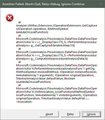 Assertion window showing up when building · Issue #3734 · dotnet/roslyn-analyzers · GitHub