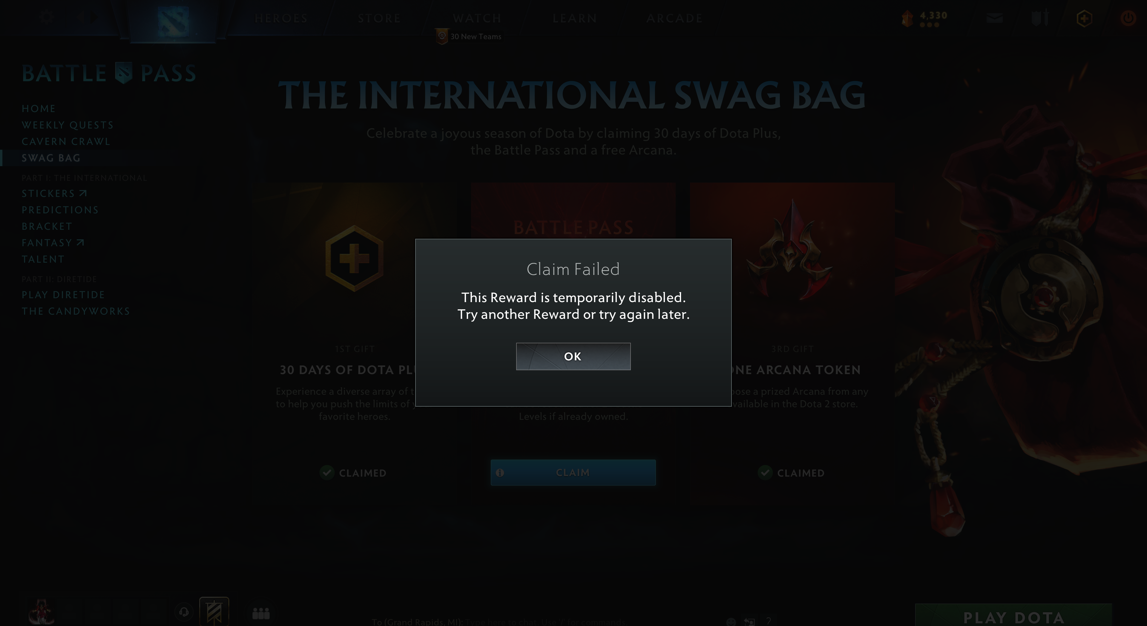 Cant claim battle pass from Swag bag · Issue #5015 · ValveSoftware/Dota2-Gameplay · GitHub