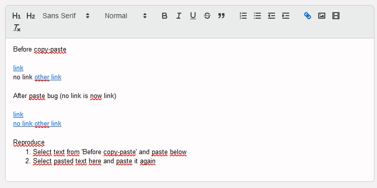 Bug On Copy Paste Text With Links Text With No Links Has Link Attached After Paste · Issue