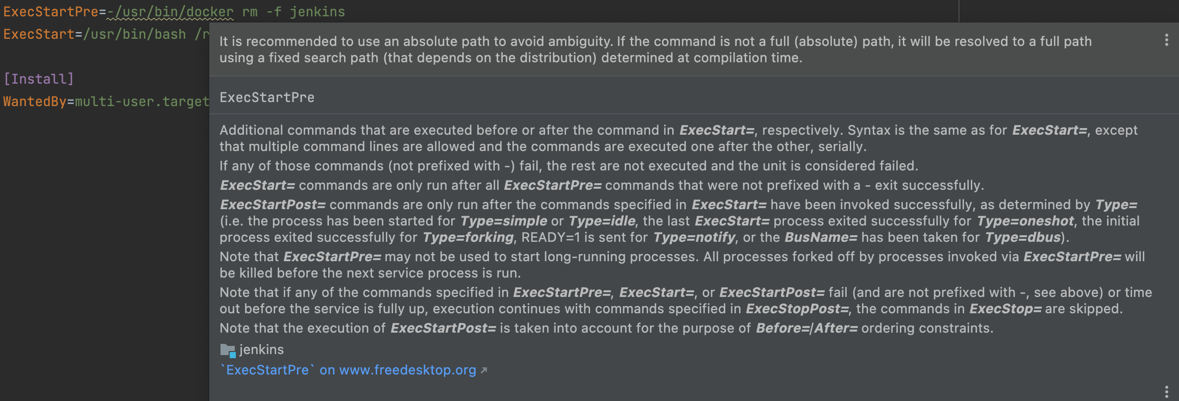 Stop warning absolute path for "-" prefix path · Issue #141 · SJrX/systemdUnitFilePlugin · GitHub