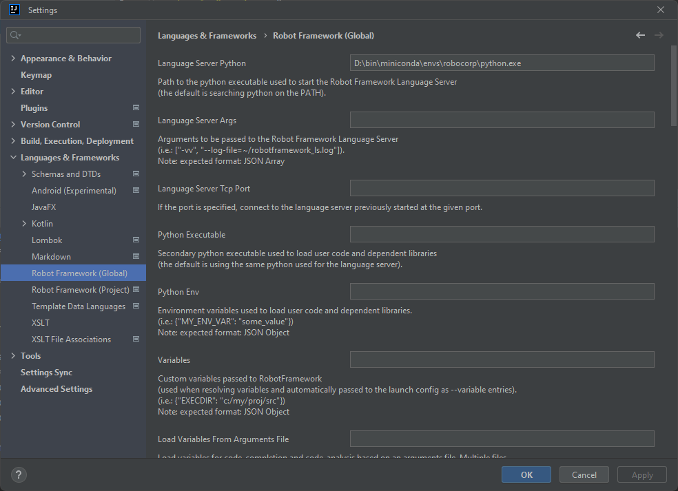 Virtual env python interpreter not found by default for robotframework-lsp plugin in PyCharm ...