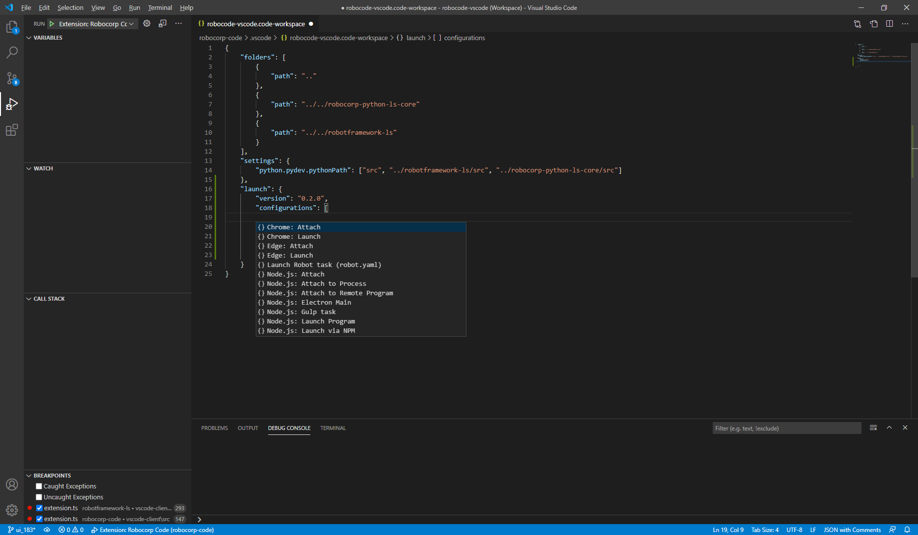 Creating launch config opens extensions tab when it should show additional launch snippets ...