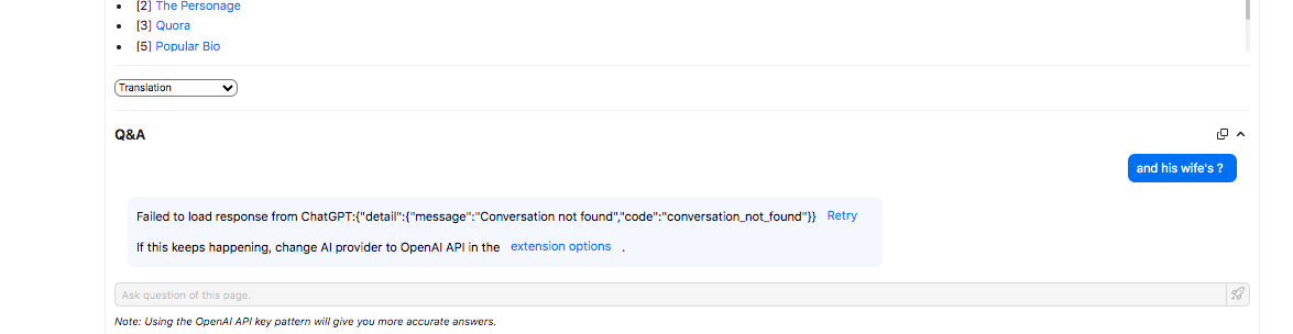 Q&A not working . Failed to load response from ChatGPT:{"detail":{"message":"Conversation not ...