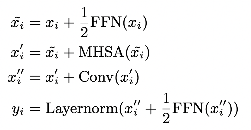 Why does Conformer add x twice for each block (ffn1, ffn2, conv, and ...