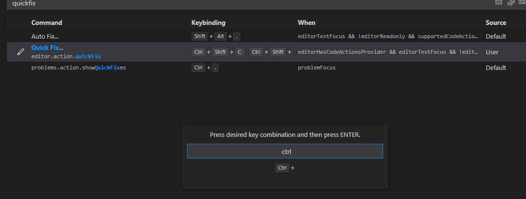 The key binding `Ctrl+.` for `editor.action.quickFix` does not work ...