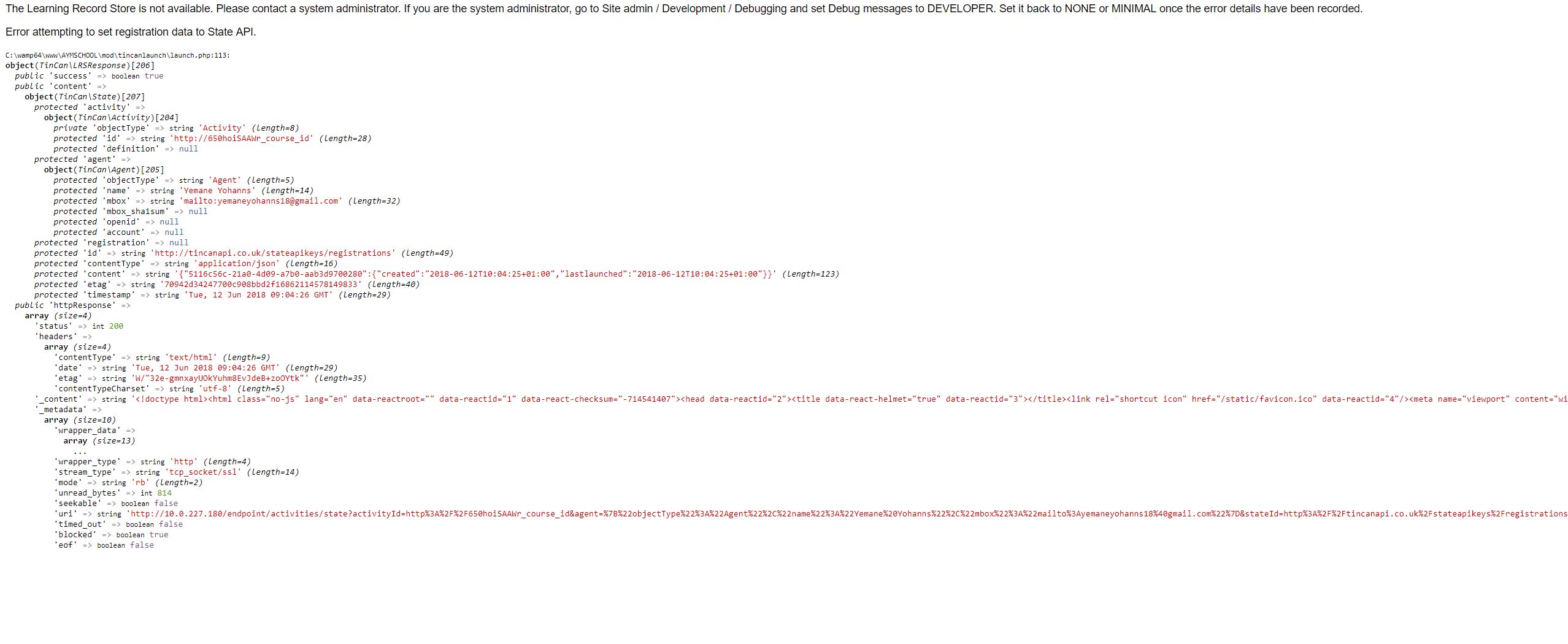 The Learning record store is not available. Please contact system ...