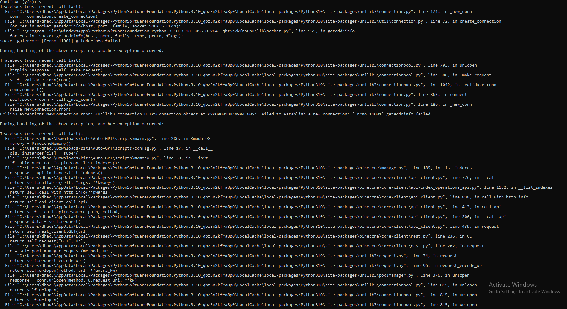 i run the "python scripts/main.py --gpt3only" and its started i gave it a name and i give it a ...