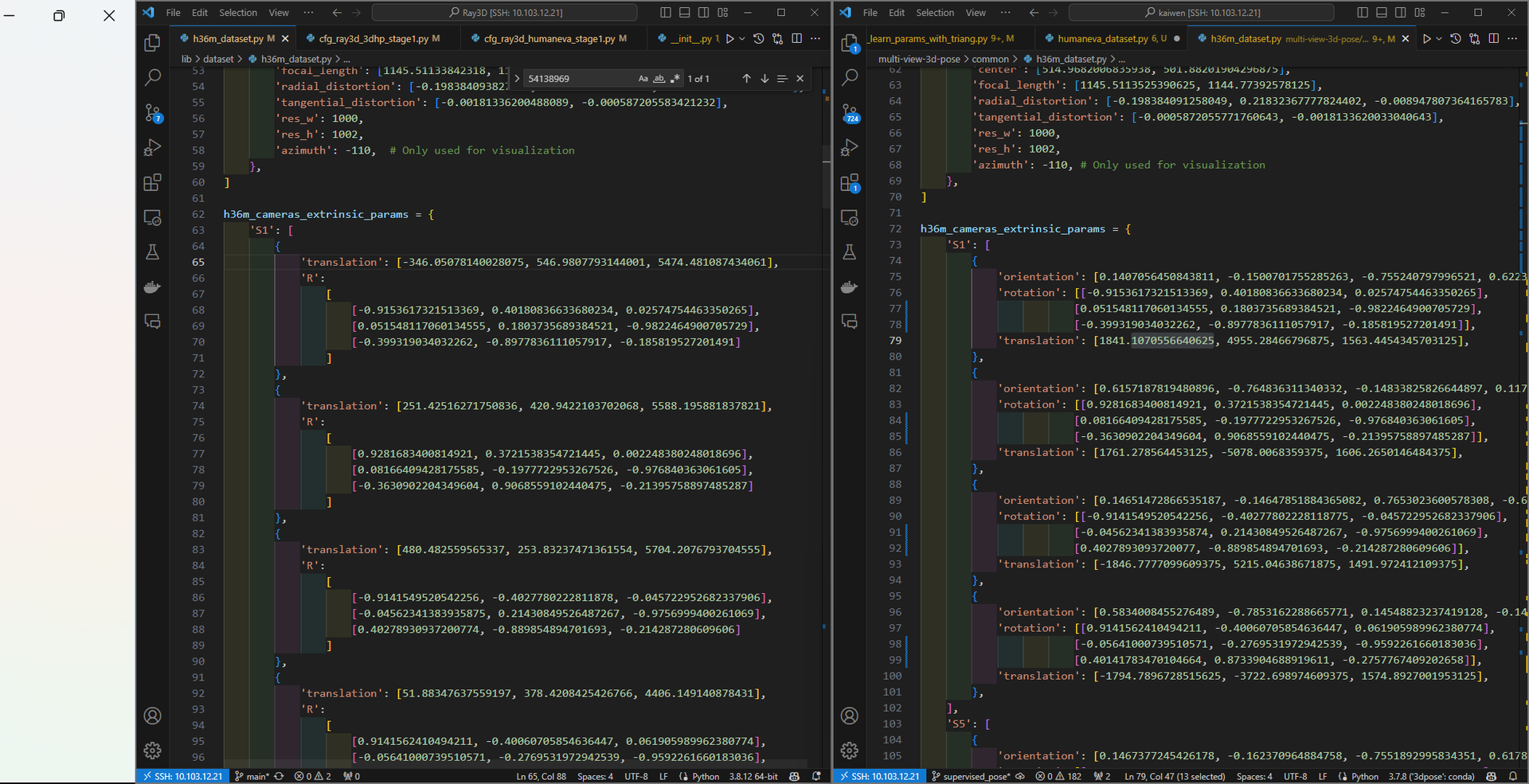 The camera parameters within your h36m_dataset.py appear to be inconsistent with those required ...