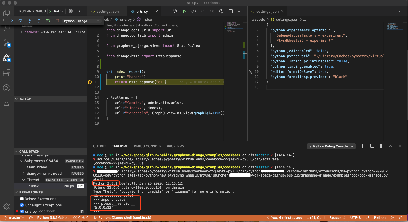 Debug breakpoint failure on django Python 3.8.x (works