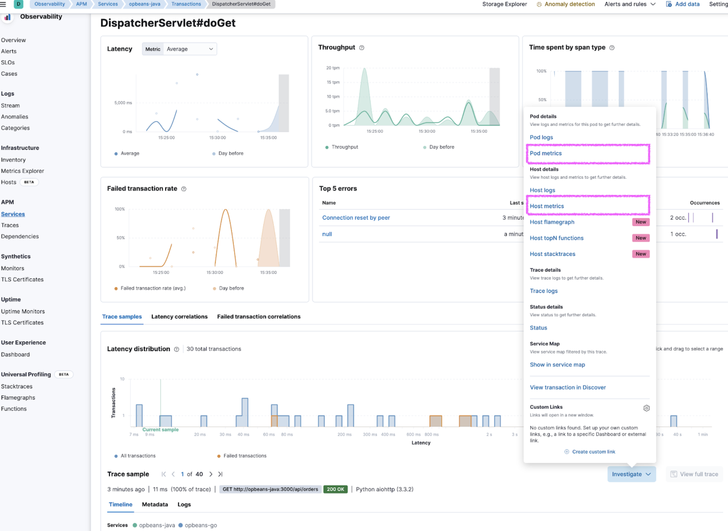 APM : Re-enable 'Investigate' functionality to shows pod and host details in APM for serverless ...