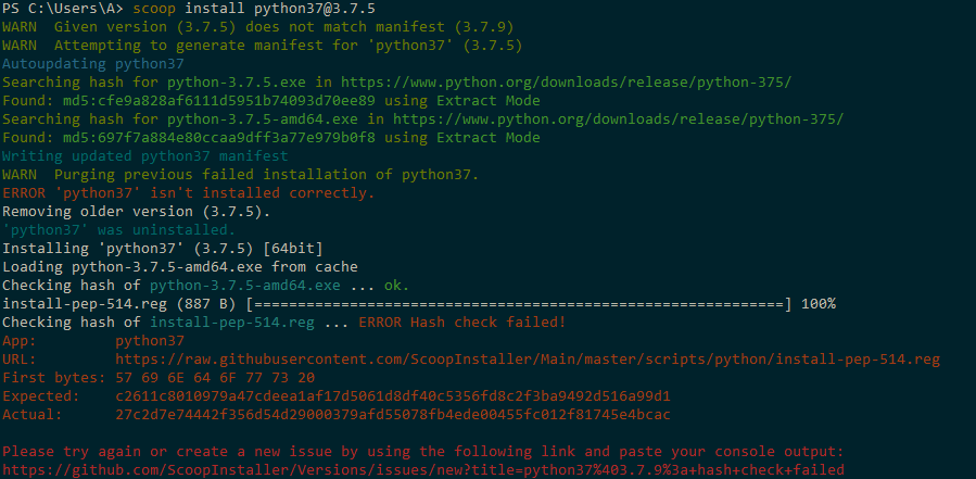 python37@3.7.5 : hash check failed · Issue #767 · ScoopInstaller/Versions · GitHub