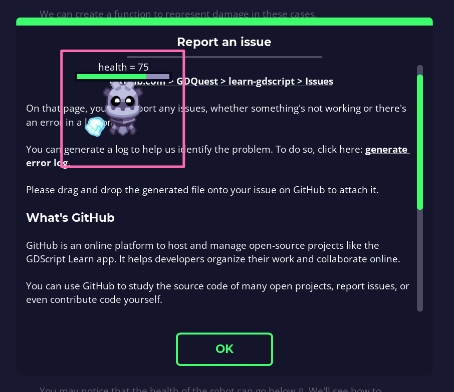 Robot is on top of settings overlay · Issue #397 · GDQuest/learn-gdscript · GitHub