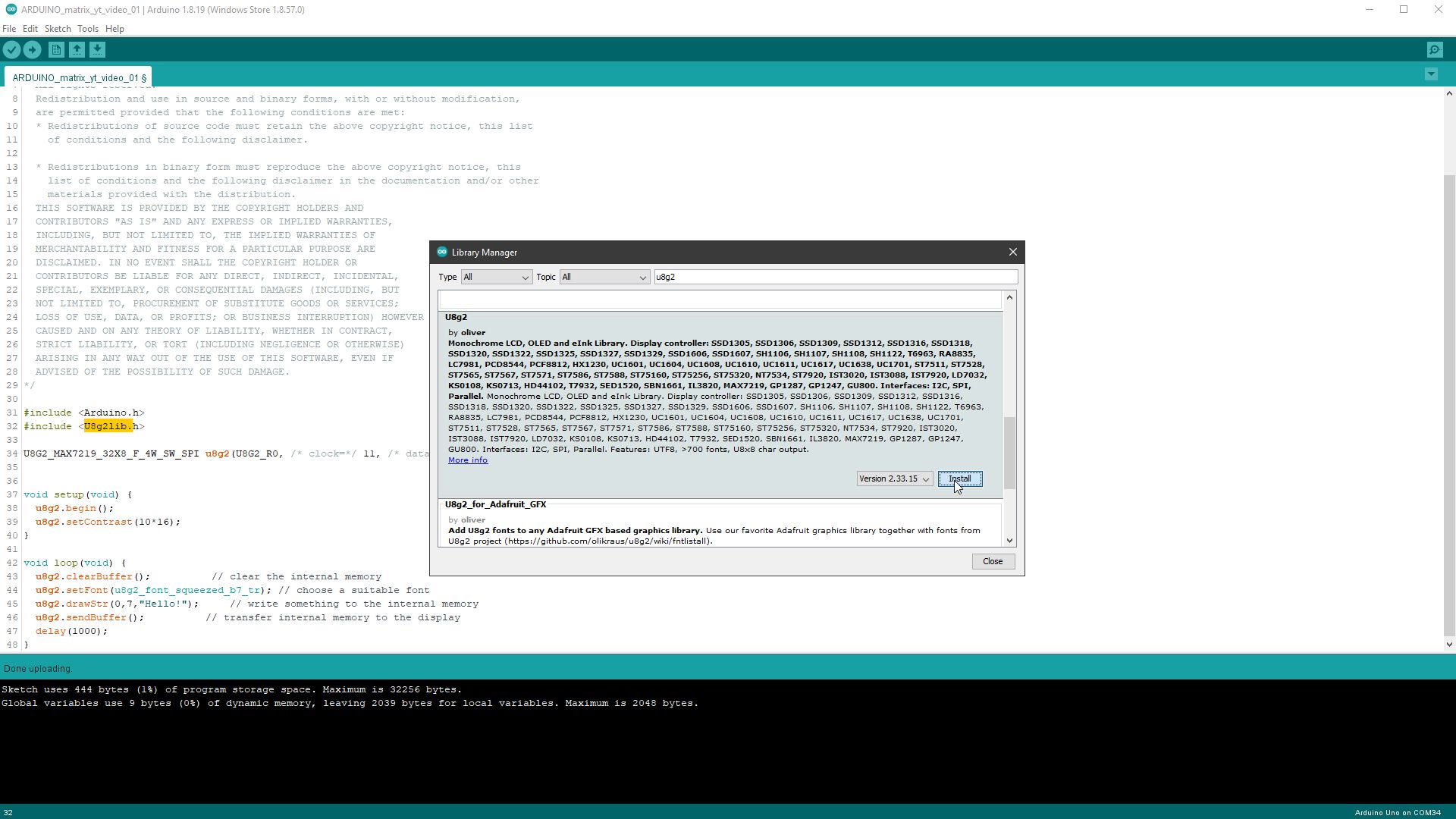 Github Upiirarduinomatrixdisplaymax7219u8g2 Arduino Uno With Matrix Display Max7219