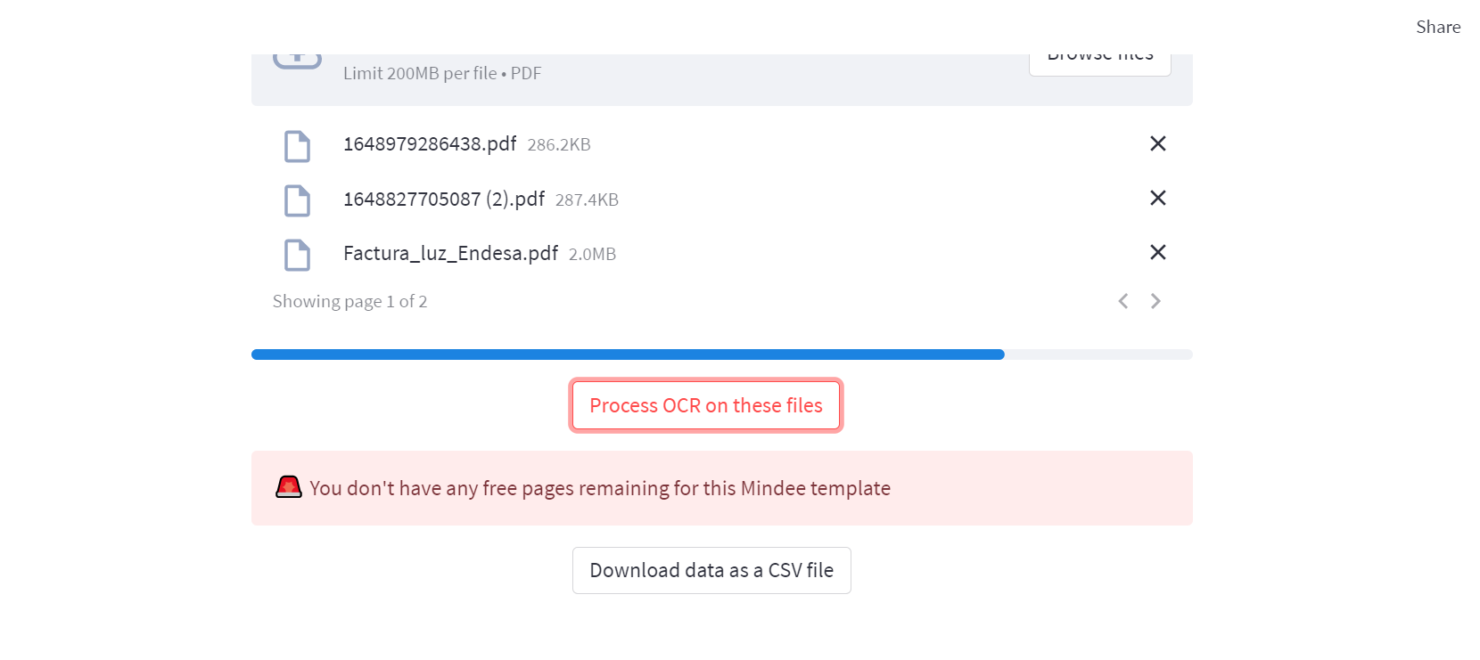 Not enough free pages remaining for a Mindee template where it should have unlimited pages ...