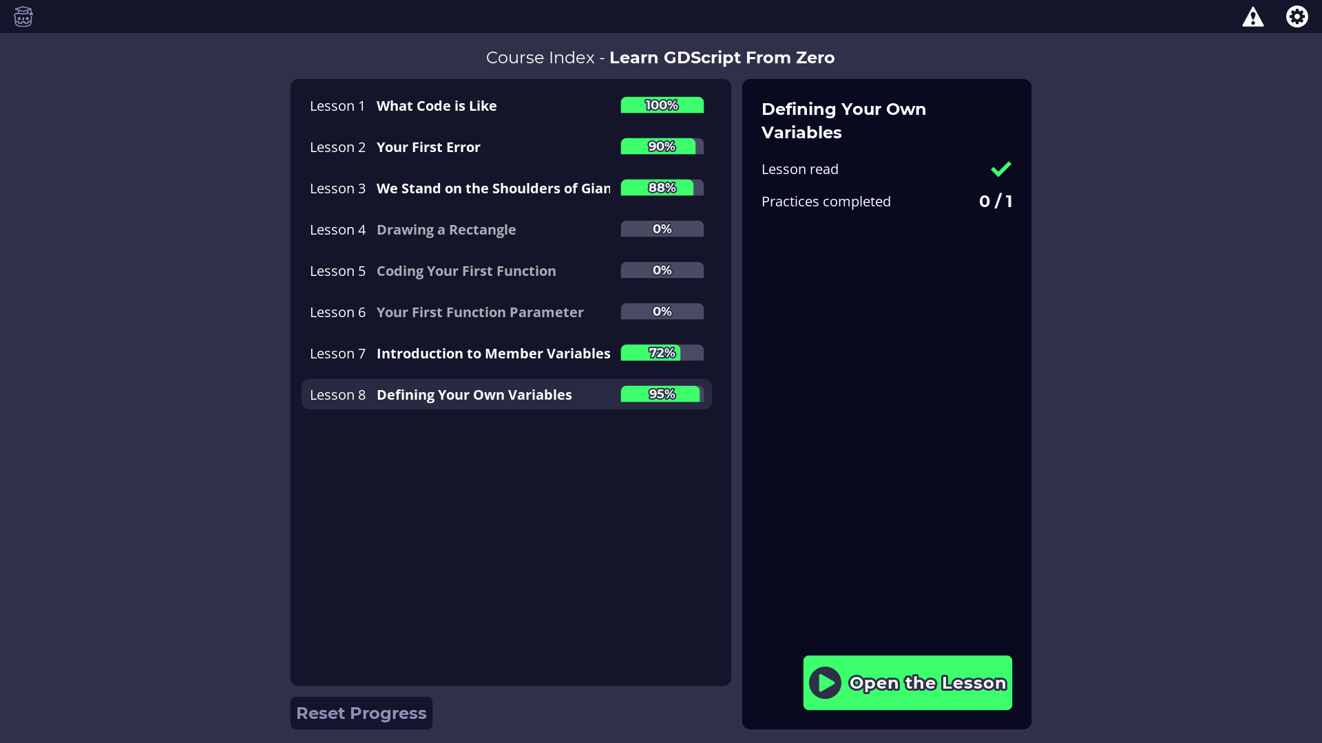 Lesson progress bar text, difficult to read, white on bright green · Issue #144 · GDQuest/learn ...