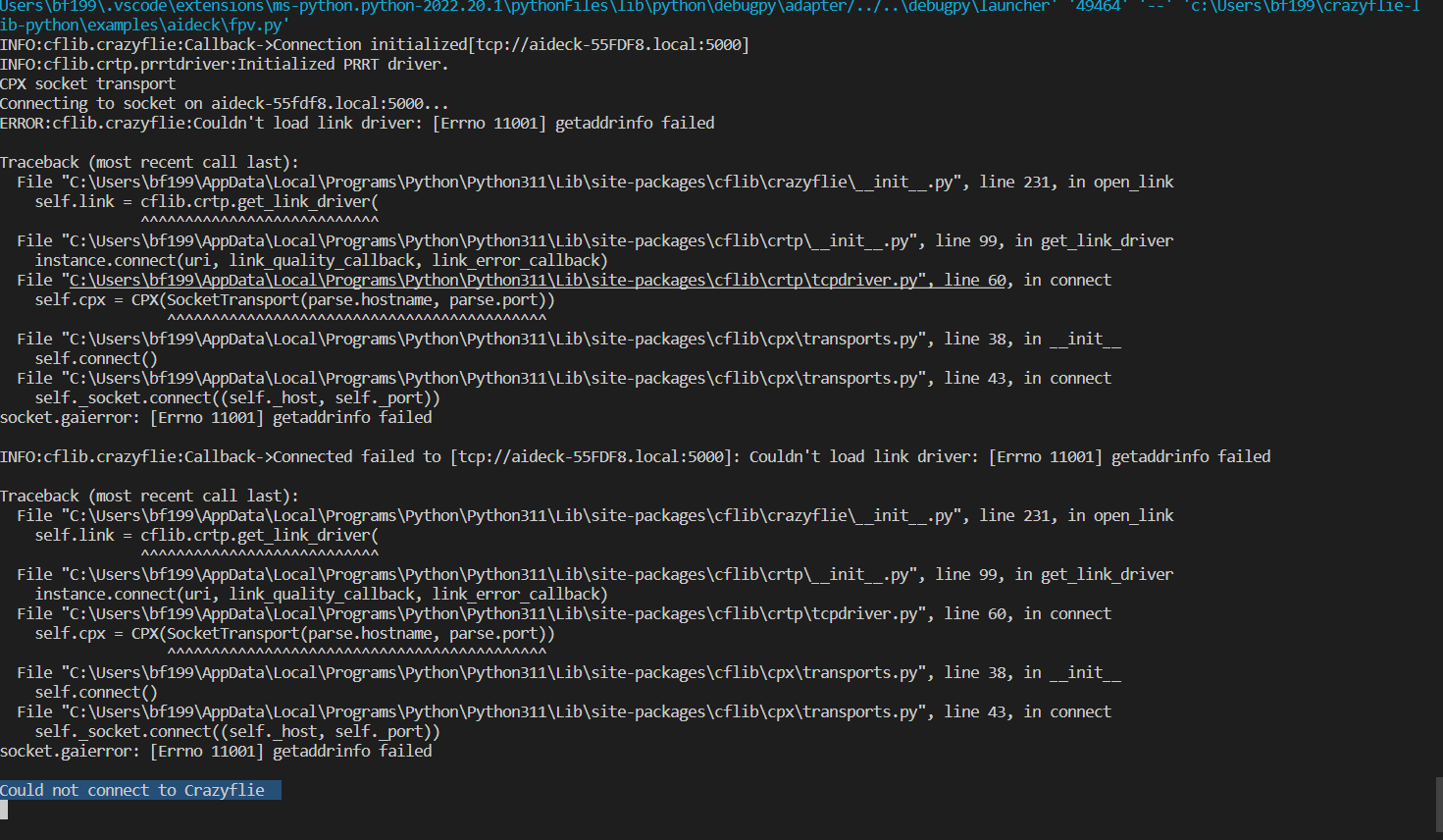 After fpv.py is executed, it shows Could not connect to Crazyflie · bitcraze · Discussion #474 ...