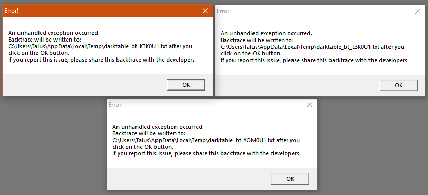 Bug Need Support Darktable Exe Caused An Access Violation At Location In Module Libdarktable