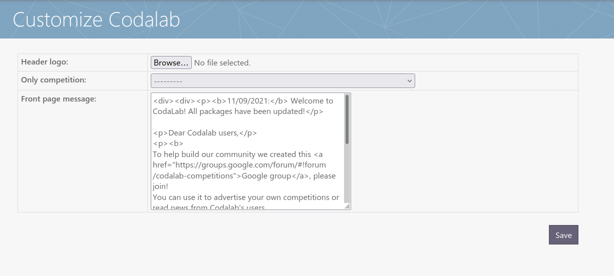 Increase size of "front page message" field · Issue #3021 · codalab/codalab-competitions · GitHub