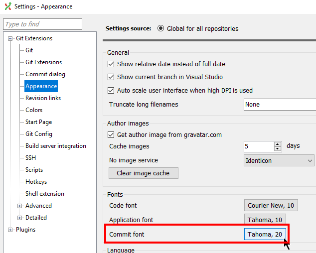 The setting of "commit font" is not applied when using git commit ...