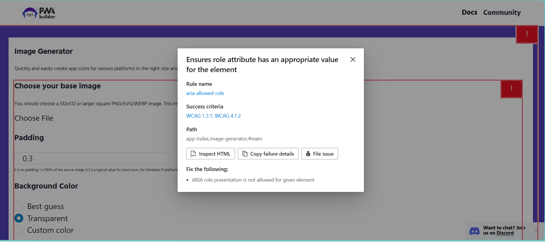 [PWA Builder-Blog]: Ensures role attribute has an appropriate value for the element. · Issue ...