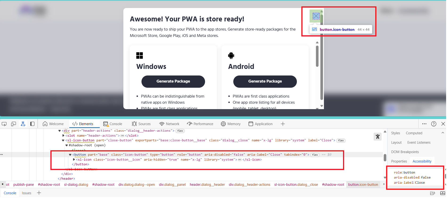 [PWA Builder]: Close button is not functional with keyboard and mouse. · Issue #4238 · pwa ...
