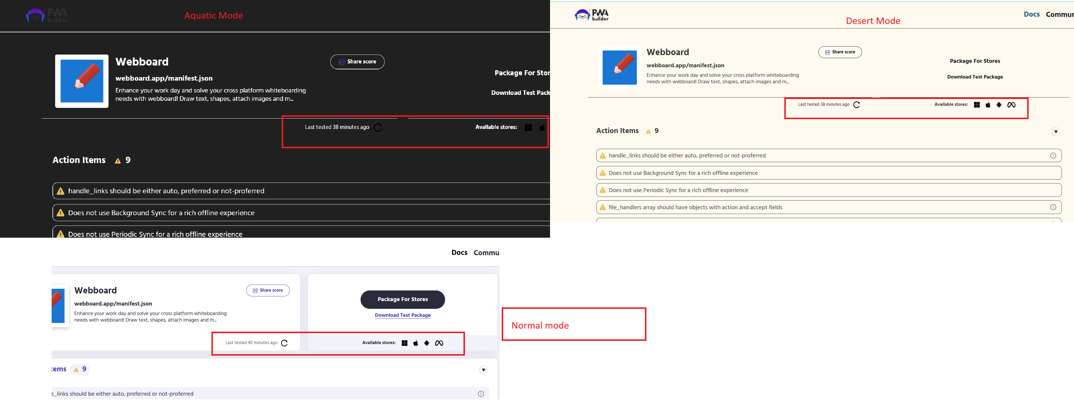 [PWA Builder-Blog]: Refresh icon and Available stores icon are not visible at High contrast ...