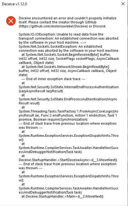 Encountered an error and couldn't initialize itself · Issue #167 · molenzwiebel/Deceive · GitHub
