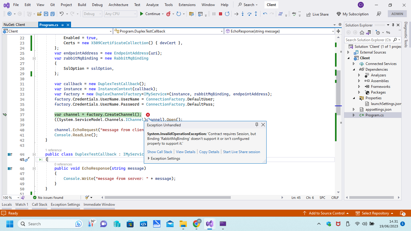 RabbitMQ problem (System.InvalidOperationException: 'Contract requires Session, but Binding ...